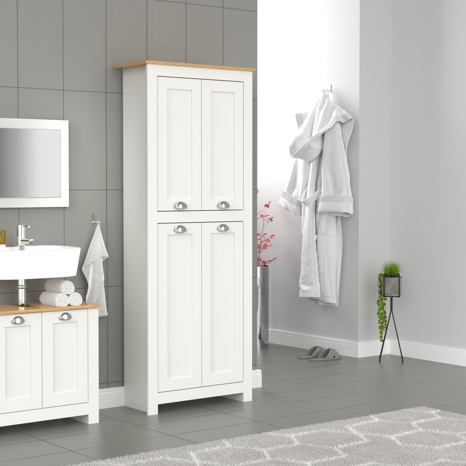 VCM NORDIC Balusa badeværelsesskab, m. 4 låger og hylder - hvid/natur ...